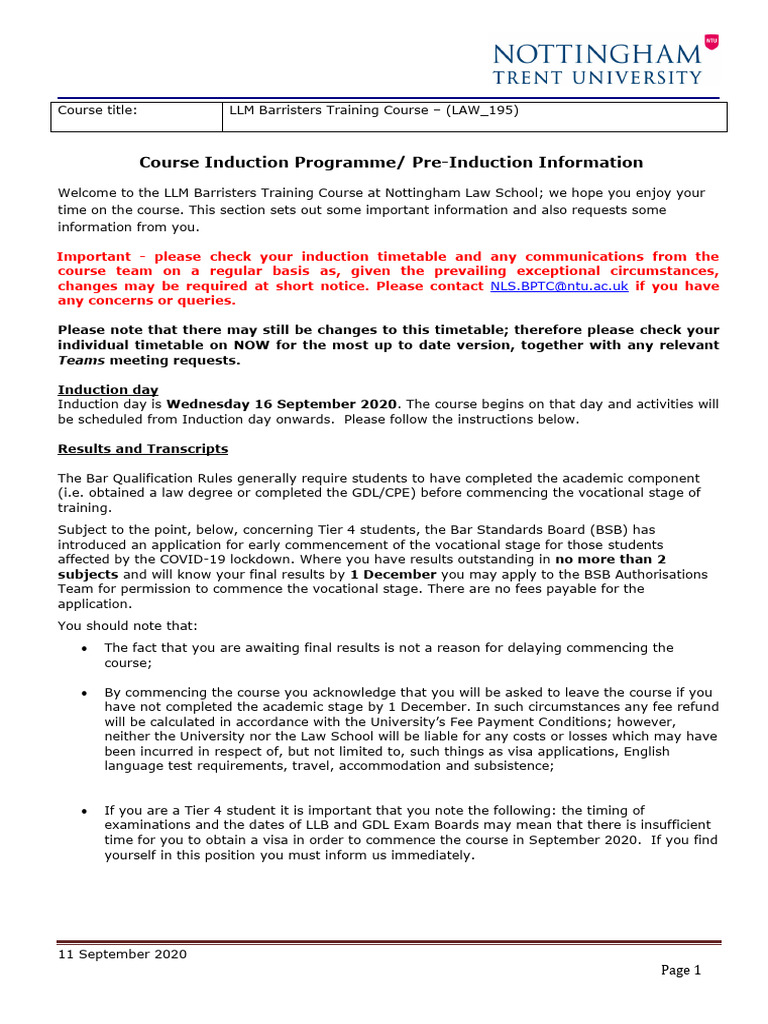 LAW - 195 LLM BTC Induction Timetable FV | PDF | Online And Offline ...