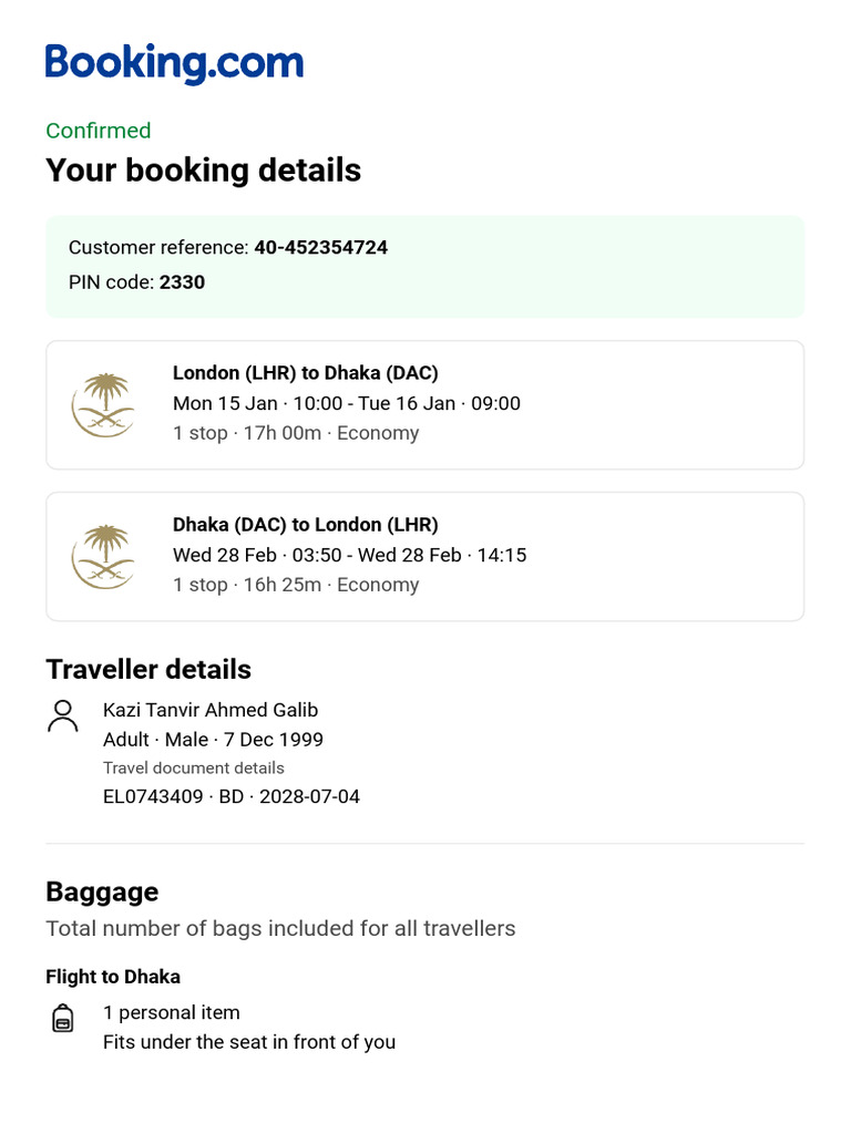 Flight Booking Confirmation: London to Dhaka | PDF