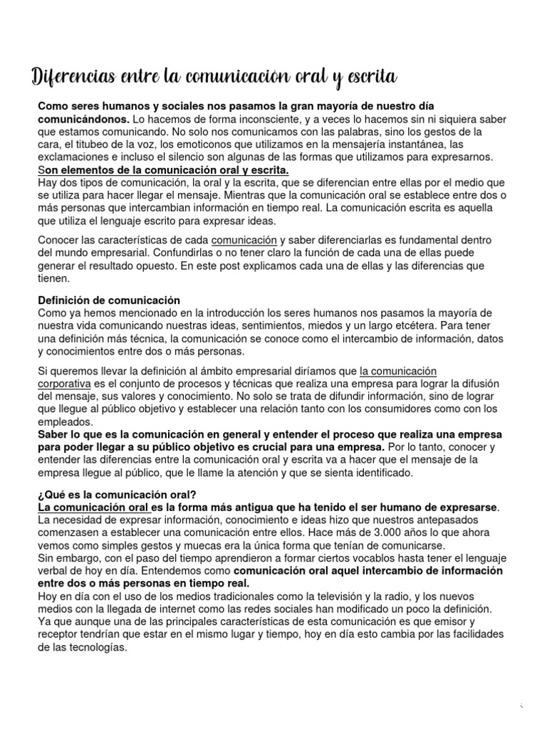 Diferencias Entre La Comunicación Oral y Escrita | Descargar gratis PDF | Comunicación | Habla