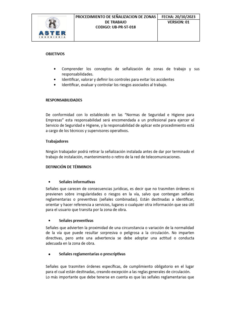 UB-PR-ST-018 Procedimiento de Señalizacion | PDF | Regulación | Business