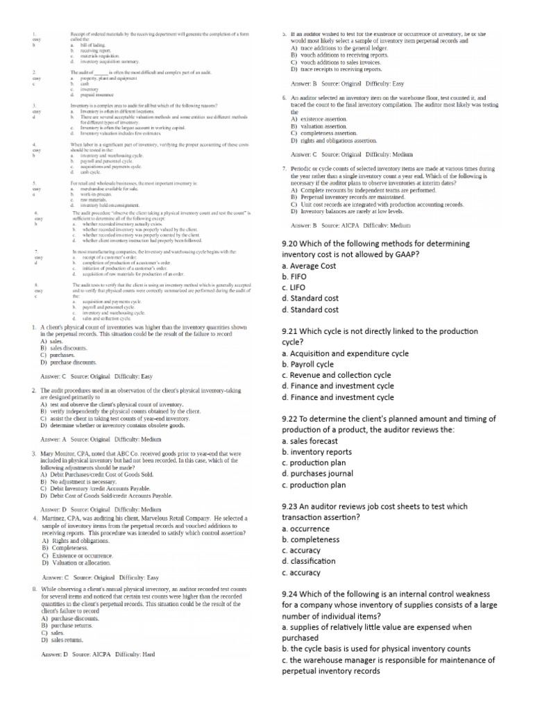 Production Cycle Quiz | PDF | Inventory | Audit