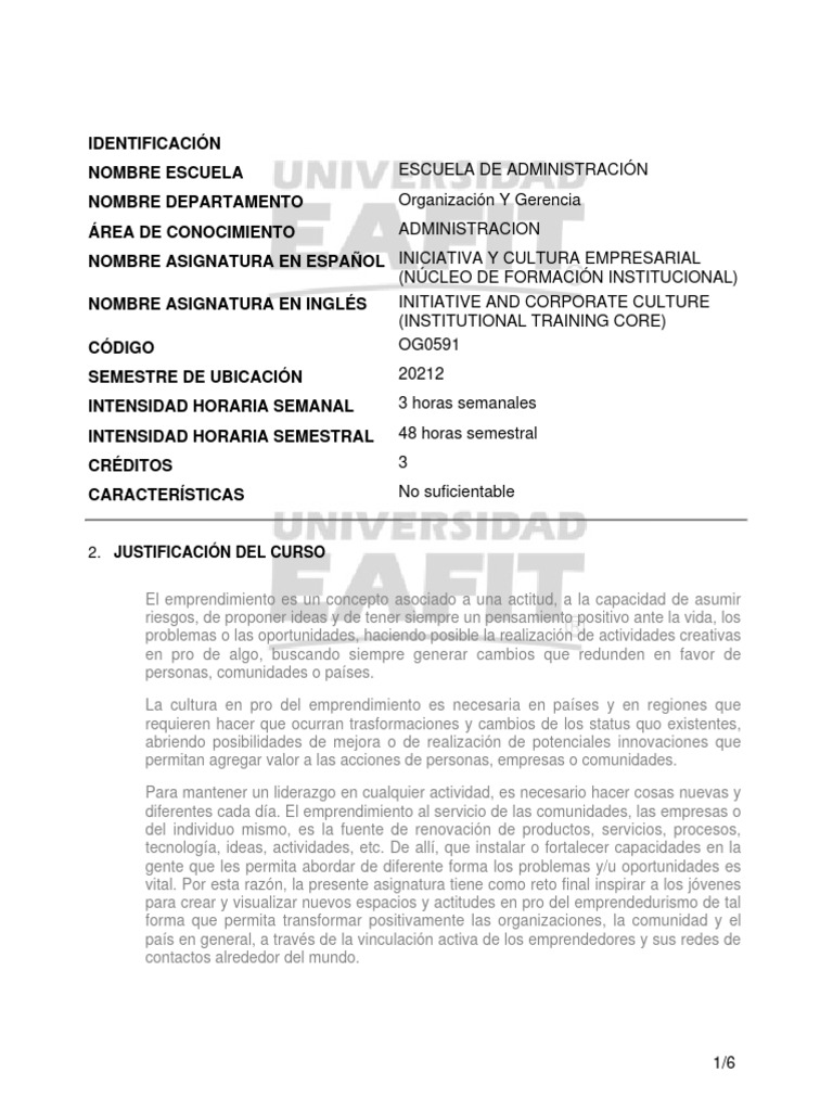 Iniciativa y Cultura Empresarial Eafit | PDF | Iniciativa empresarial | Evaluación