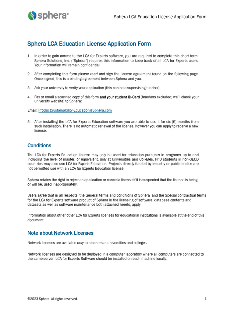 Sphera LCA Education License Application Form - 2023 | PDF | Damages ...