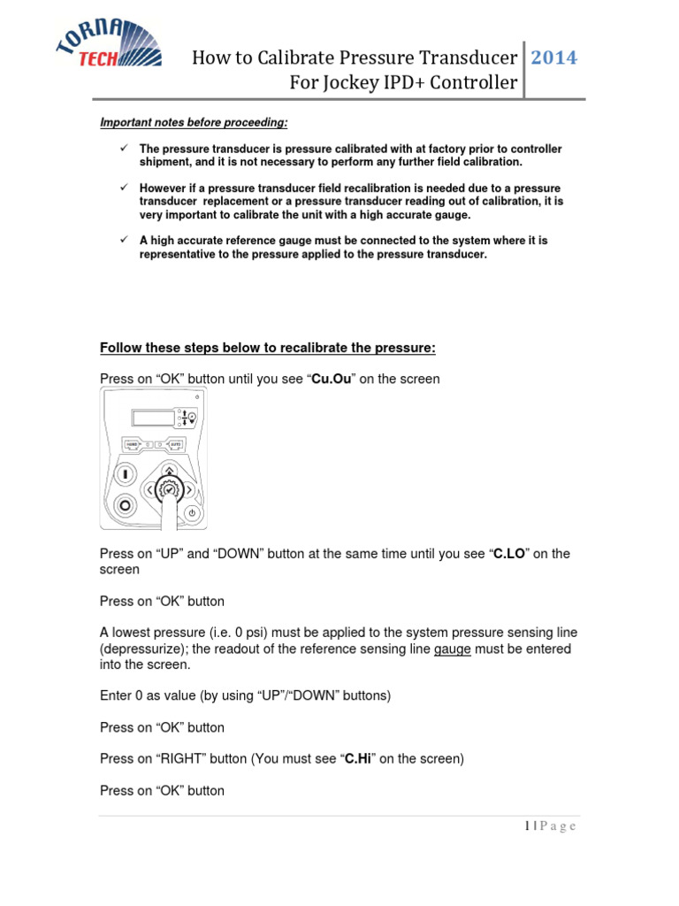 TORNATECH - Jockey IPD+ Pressure Calibration Procedure | PDF