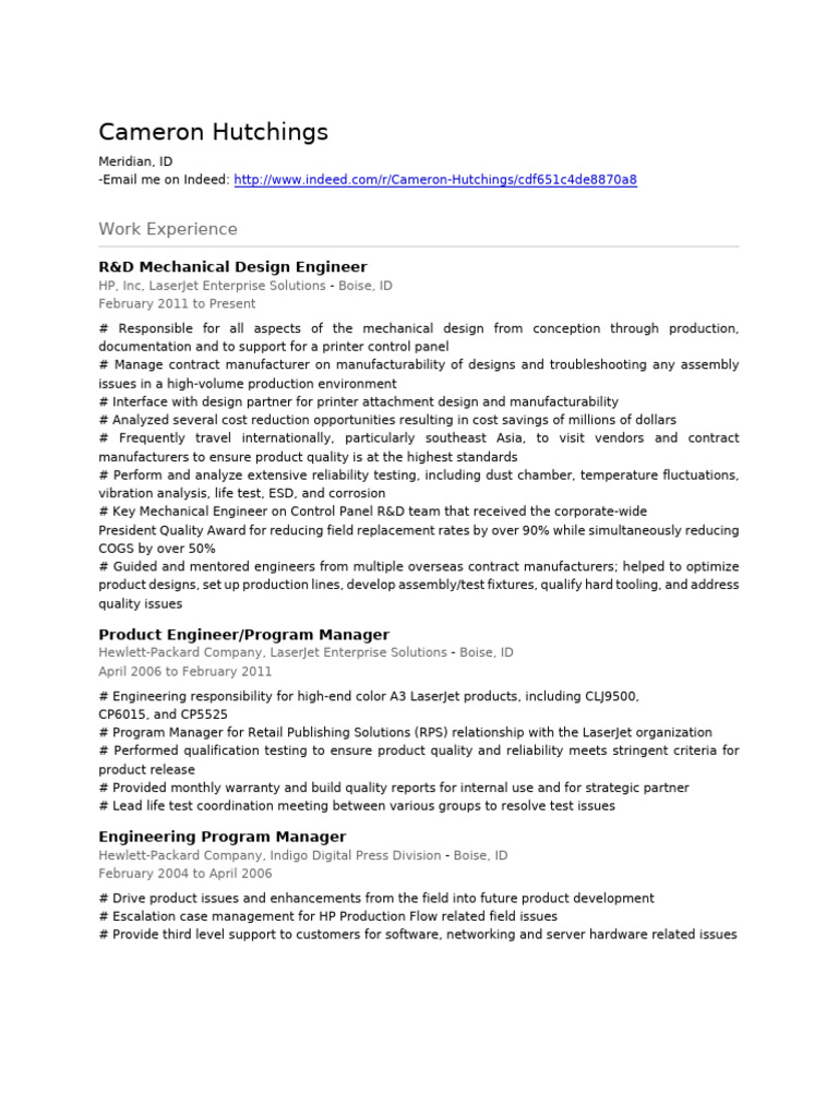 Cameron Hutchings | PDF | Mechanical Engineering | Hewlett Packard