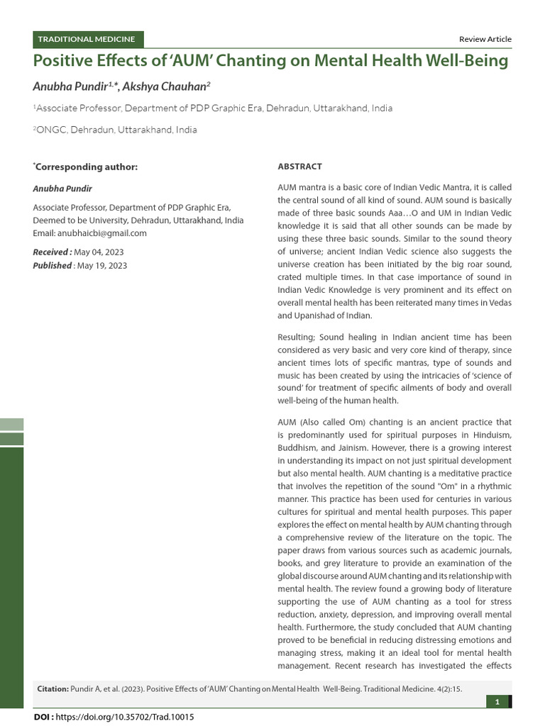 Positive Effects Of Aum Chanting On Mental Health Well Being Pdf