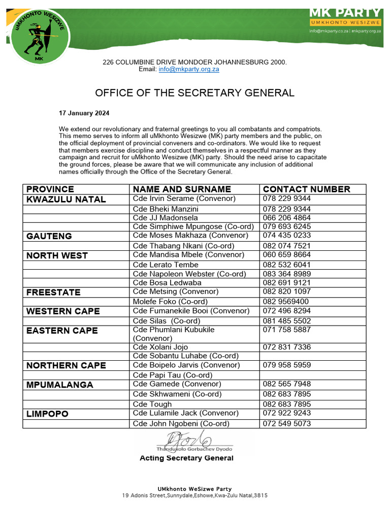 MK Party Provincial Conveners List | PDF | Politics Of Africa ...