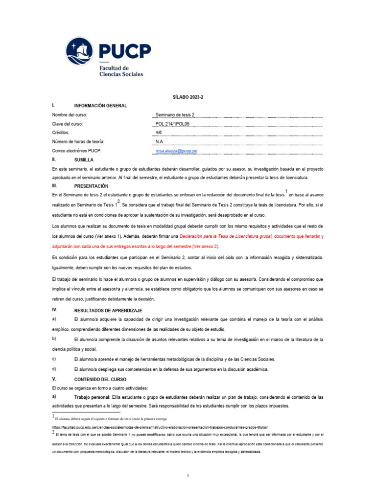 Sílabo POL 214 1POL05. 2023-2 CV | PDF | Teoría | Science