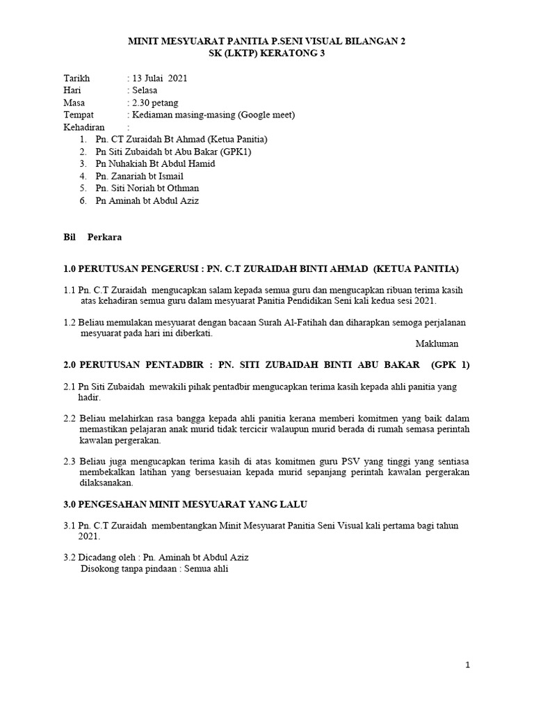 MINIT MESYUARAT PANITIA PSV Kali 2 2021 | PDF