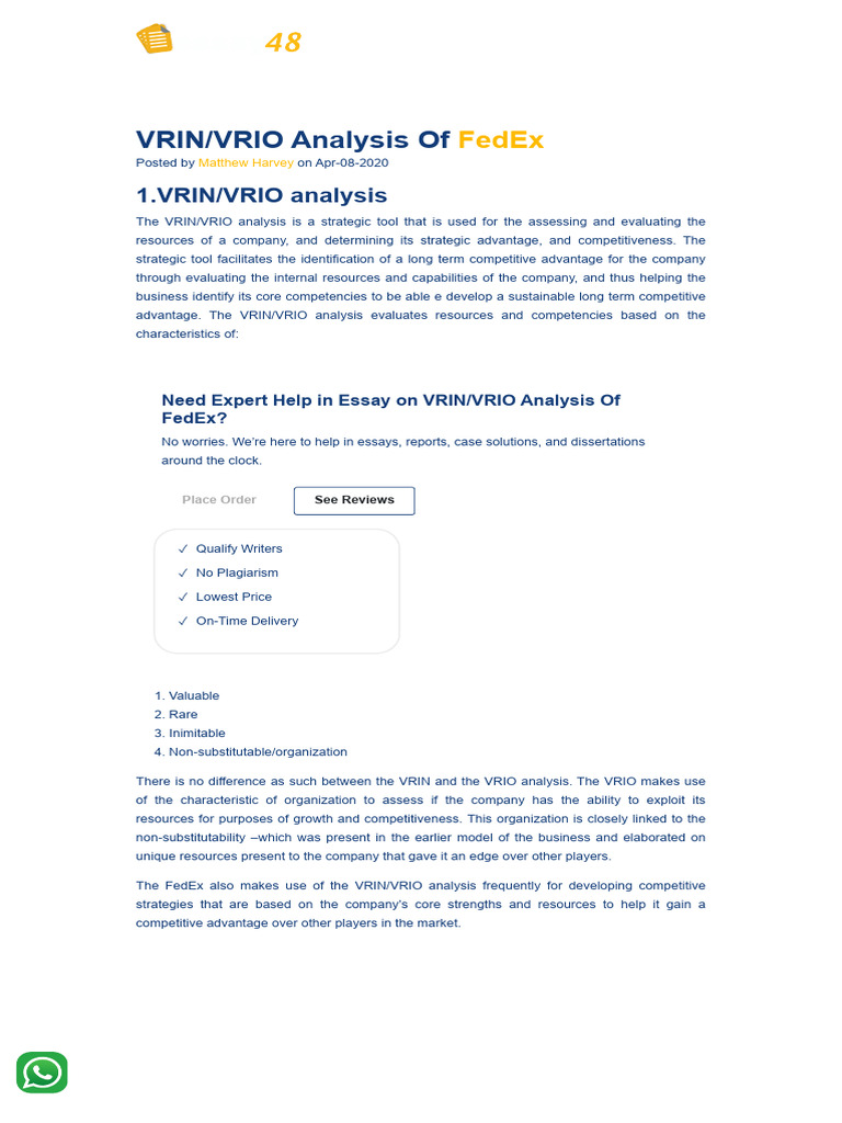 VRIN - VRIO Analysis of FedEx | PDF | Corporate Social Responsibility ... VRIN - VRIO Analysis of FedEx | PDF | Corporate Social Responsibility ...
