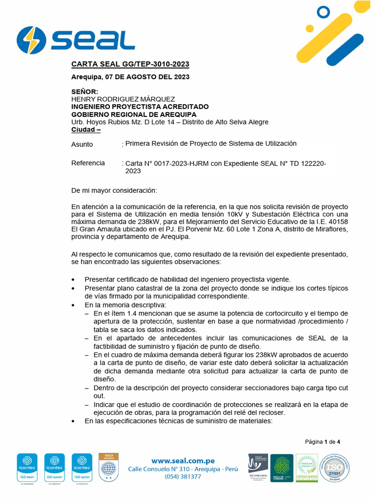 03 Carta Seal Gg-Tep-3010-2023 | PDF | Subestacion electrica ...
