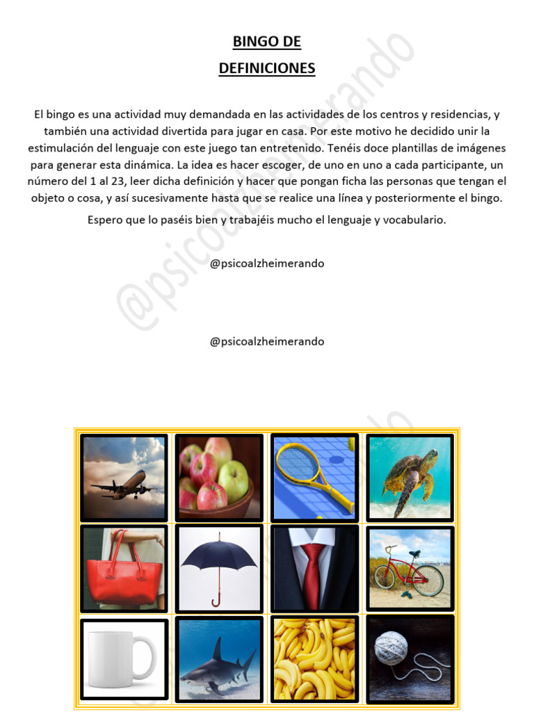 Bingo de Imagenes Reales y Definiciones | PDF | Postres