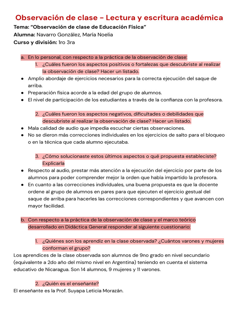 Observación de Clase - Lectura y Escritura Académica | PDF | Vóleibol ...