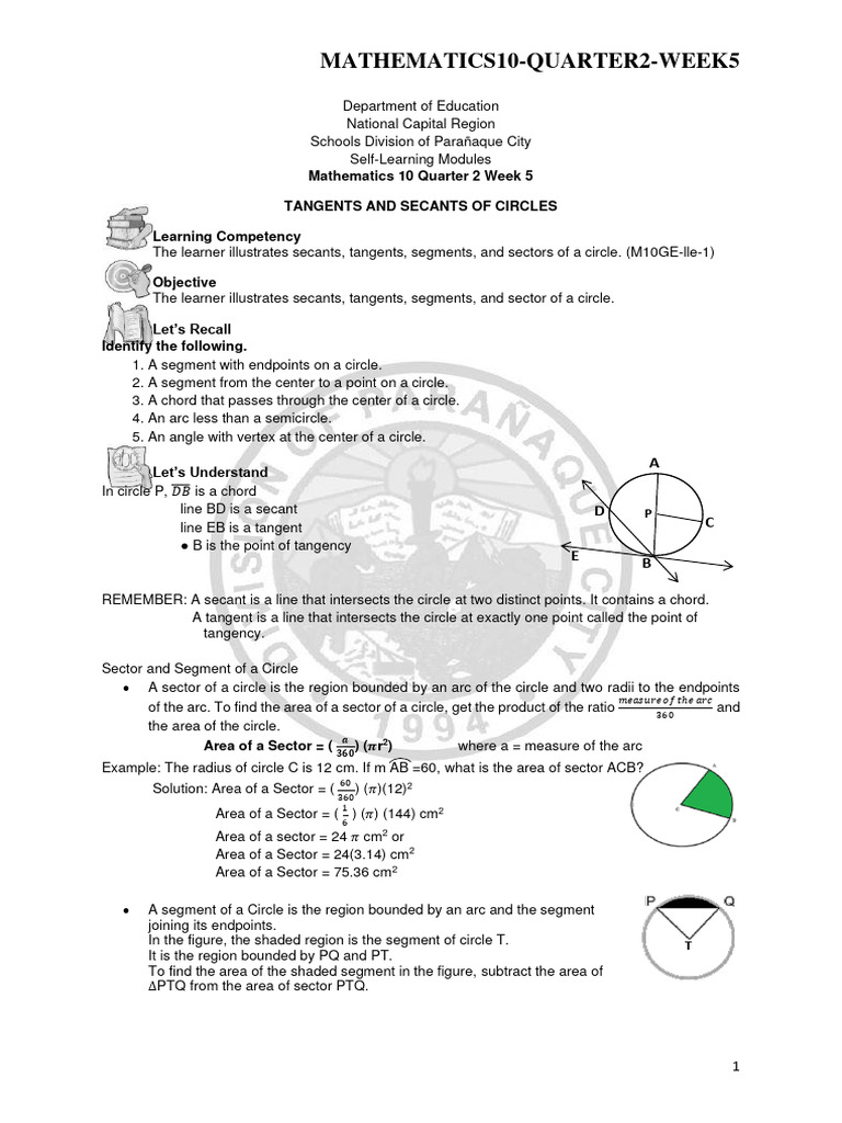 Mathematics10 Quarter2 Week5 | PDF | Circle | Trigonometric Functions