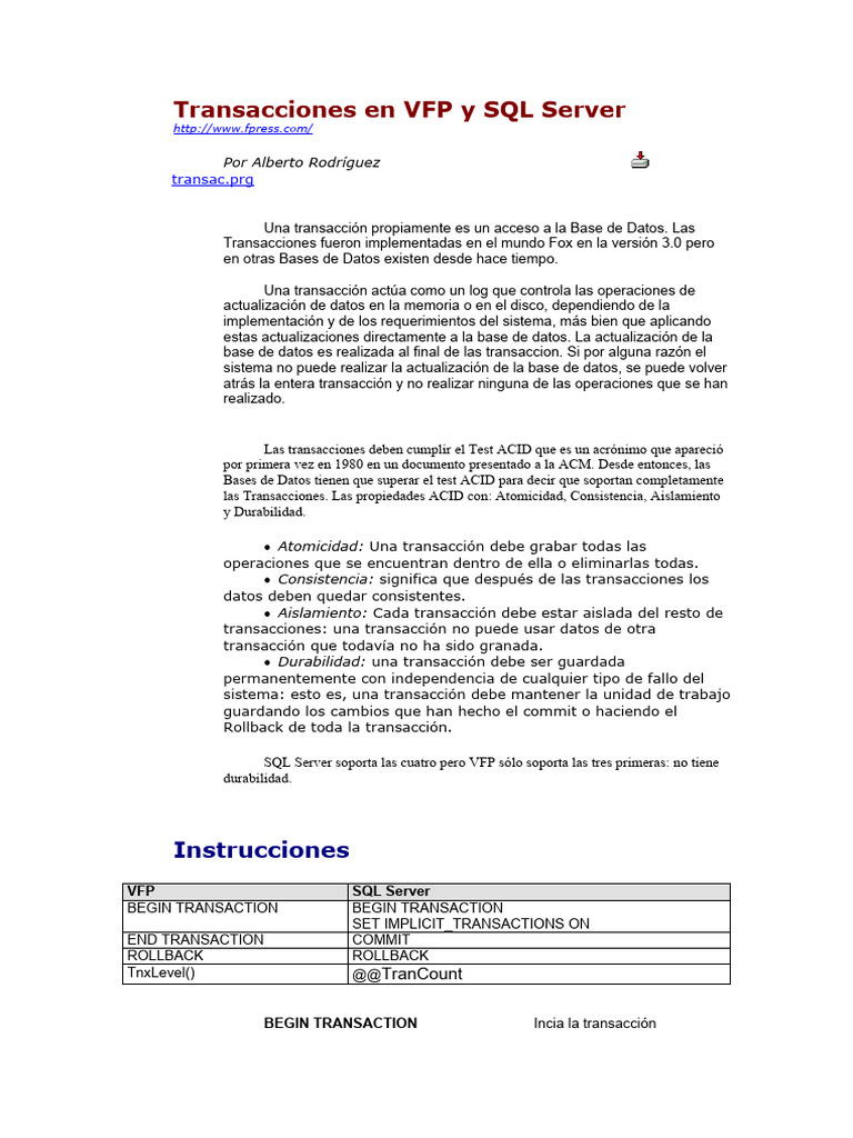 Transacciones en VFP y SQL Server | PDF | Transacción de base de datos | Servidor SQL de Microsoft