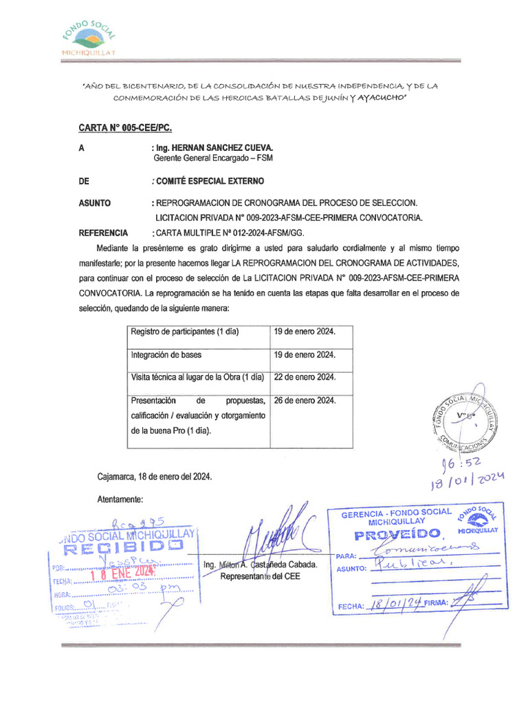 Carta Reprogramación de Cronograma | PDF