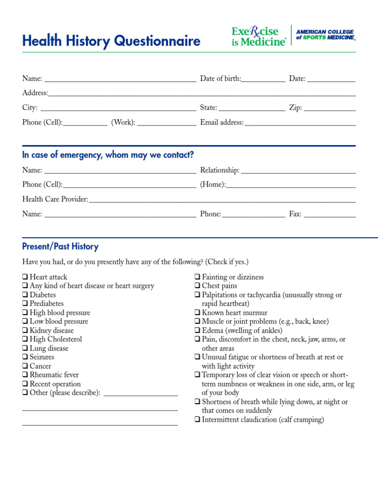EIM Health History Questionnaire | PDF | Physical Fitness | Clinical ...