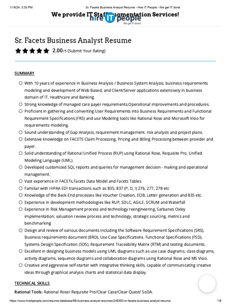 Sr. Facets Business Analyst Resume - Hire IT People - We Get IT Done ...