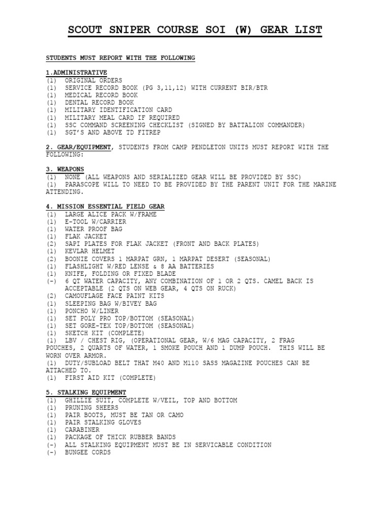 Scout Sniper Basic Course SOI (W) Gear List | PDF | Clothing | Dress Codes