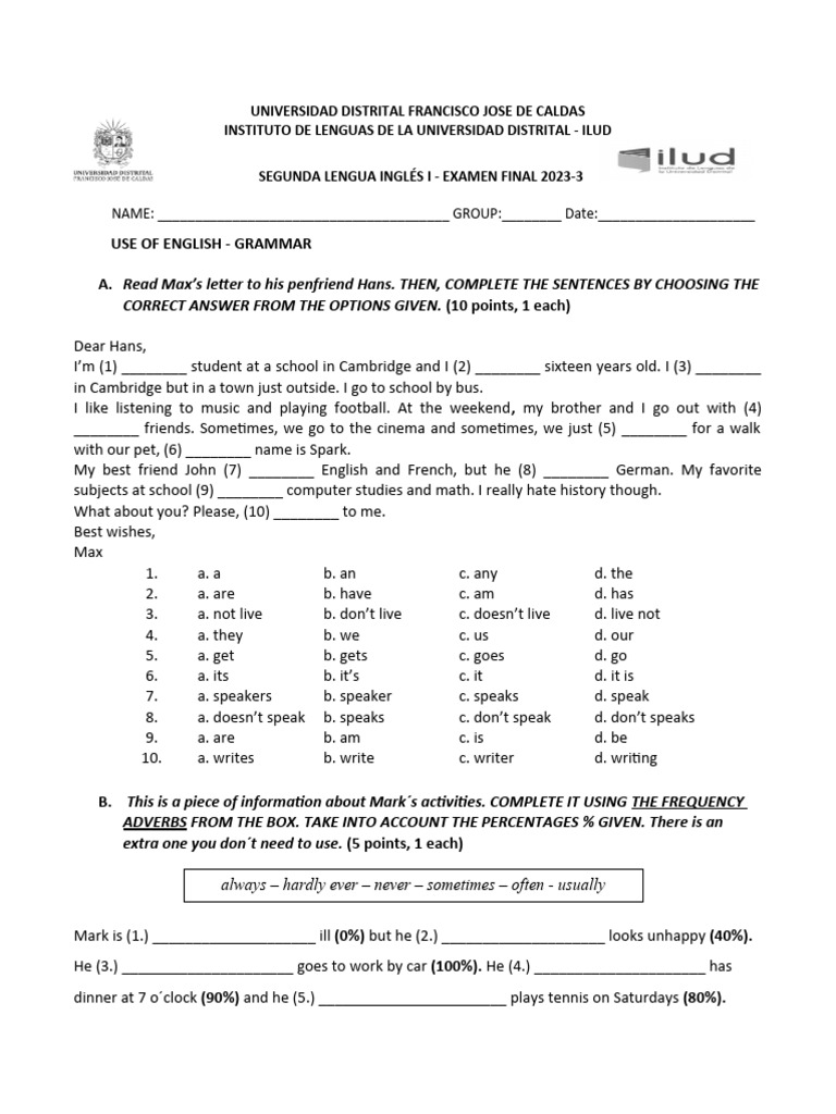 English I Final Exam 2023-3 | PDF | Adjective | Syntax