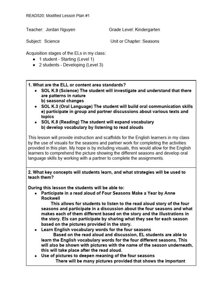 Modified Lesson Plan One Summer 2020 | PDF | Vocabulary | Lesson Plan