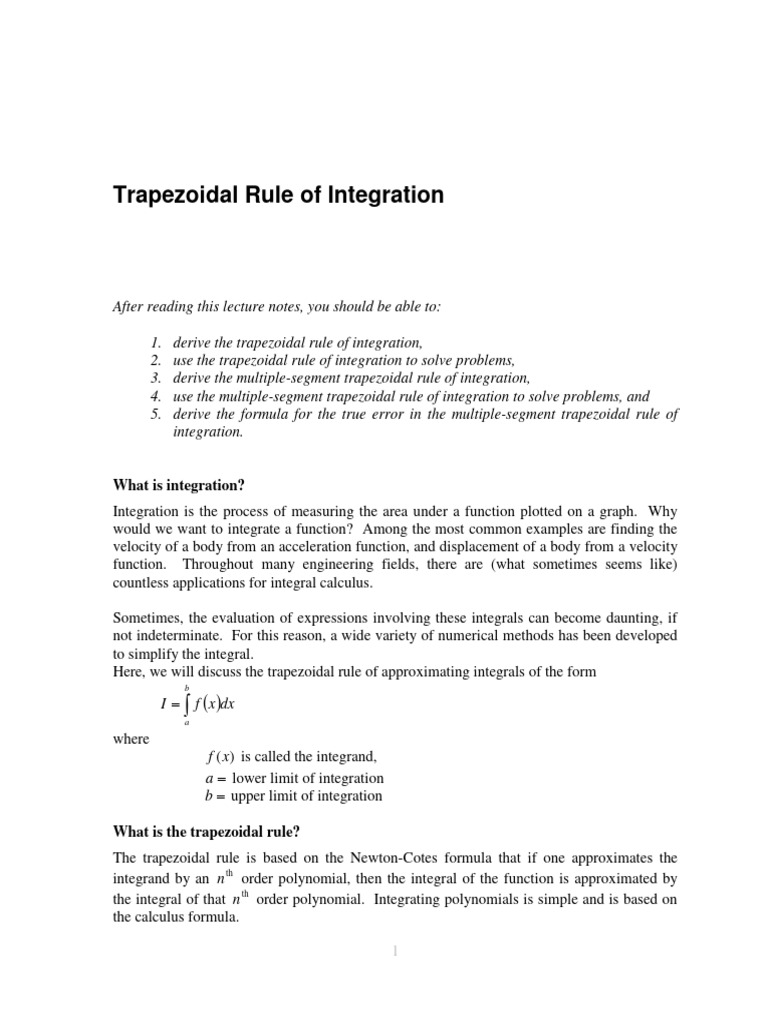 Trapezoidal Rule for Integration Explained | PDF | Integral | Area