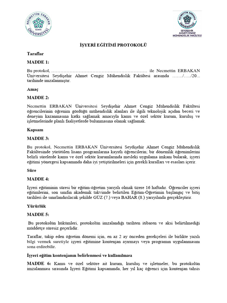 İŞYERİ EĞİTİMİ PROTOKOLÜ SACMF (2 Adet) | PDF