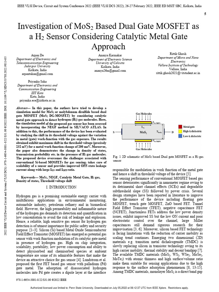 Investigation of MoS2 Based Dual Gate MOSFET As A H2 Sensor Considering Catalytic Metal Gate ...