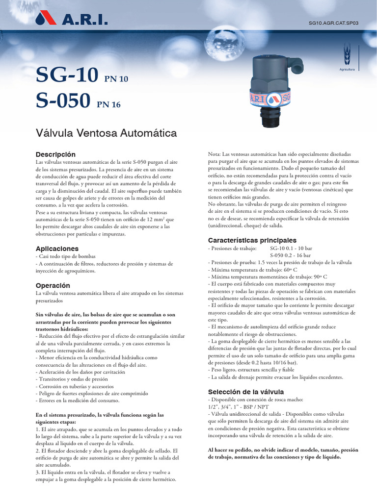 Válvula Ventosa Automática S-050 | PDF | Válvula | Corrosión