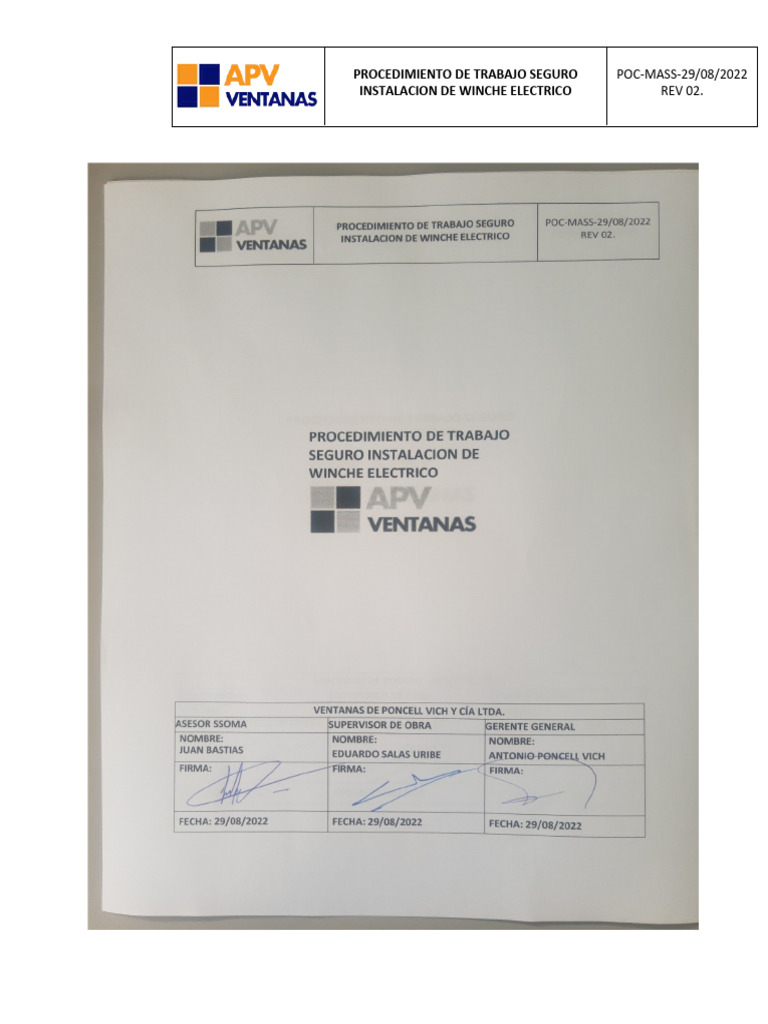 POC-MASS-014 Procedimiento Trabajo Seguro Intalacion de Winche Rev.01.docxsandra Siria | PDF