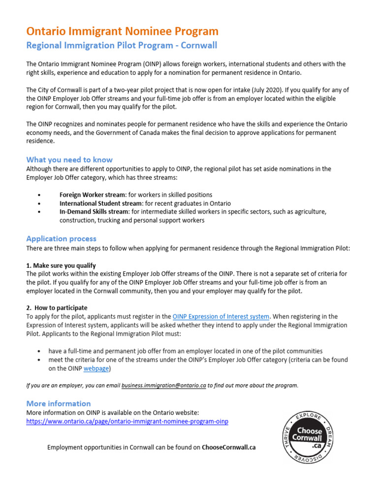 OINP Cornwall Info Sheet | PDF | Employment