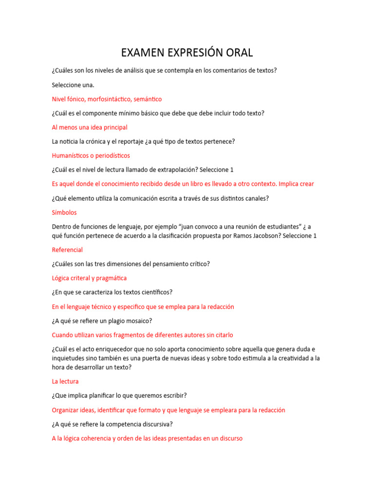 Examen Expresión Oral | Descargar gratis PDF | Comunicación | Coma
