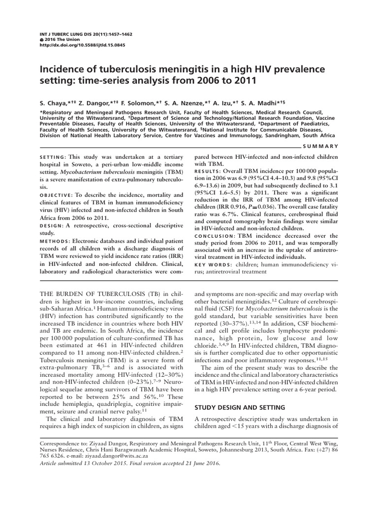 1 - Incidence of Tuberculosis Meningitis in A High HIV Prevalence Serie de Caso 2018 (Modelo ...