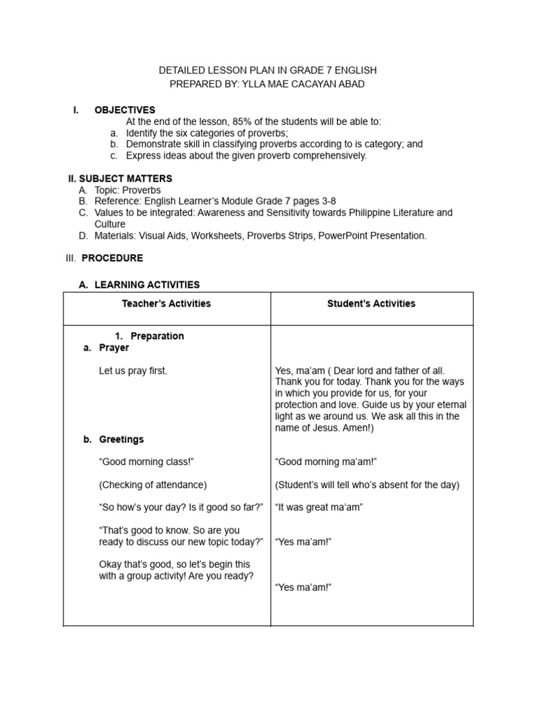 Detailed Lesson Plan in English Grade 7 | PDF | Lesson Plan | Book Of Proverbs