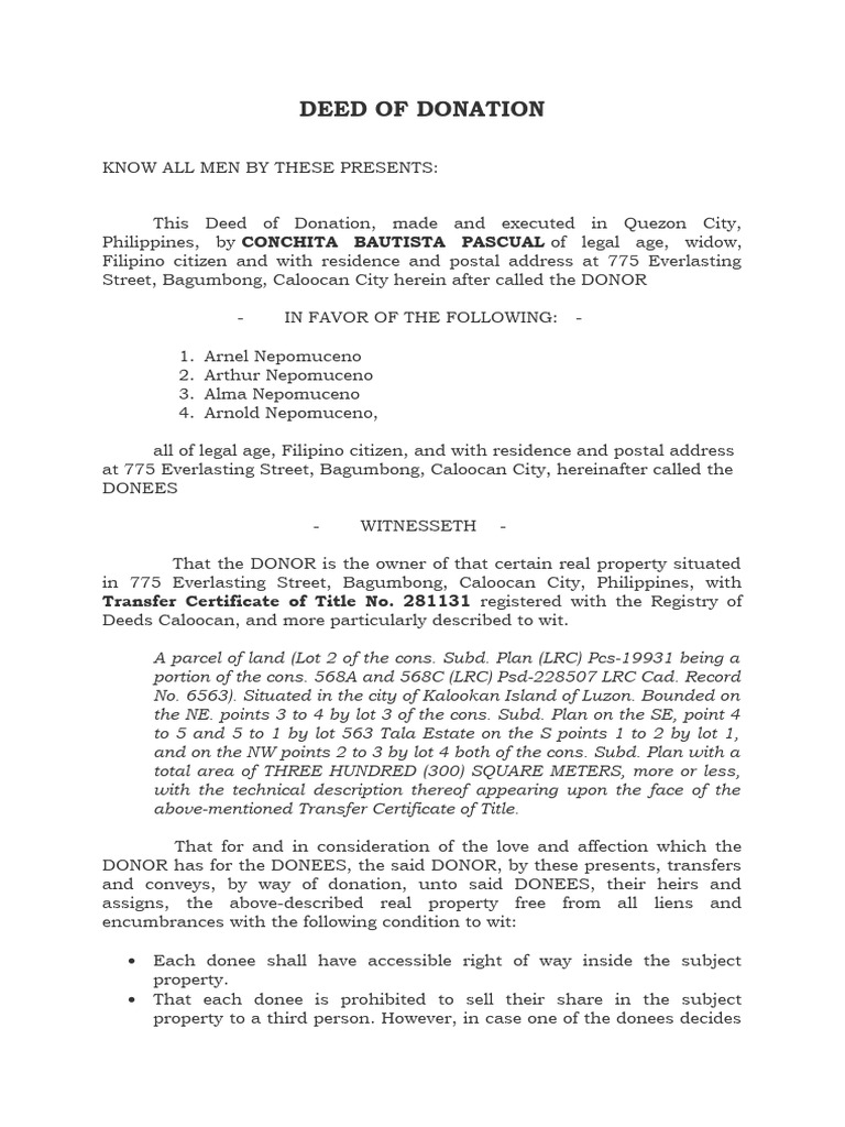 Deed of Donation_nepomuceno | PDF | Land Law | Real Property Law