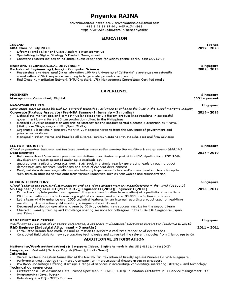 CV - Resume PR INSEAD 2019-20 | Download Free PDF | Computing | Business