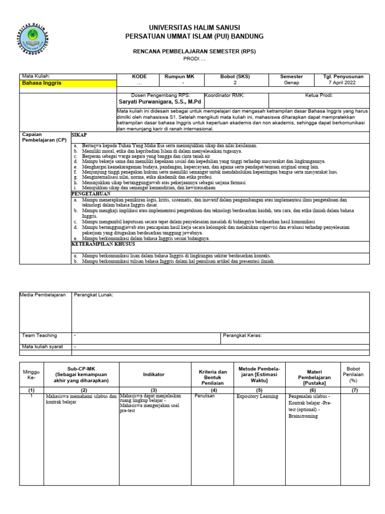 RPS MKU Bahasa Inggris | PDF