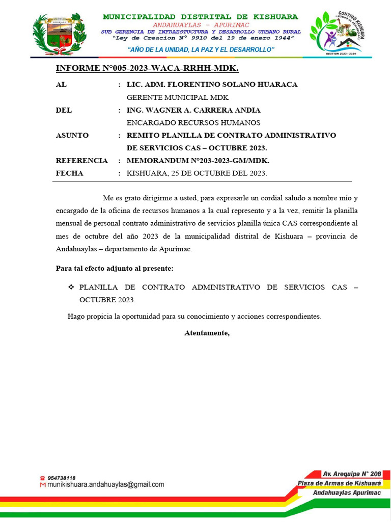 0 05 Informe N 005 Planilla Cas Octubre Pdf
