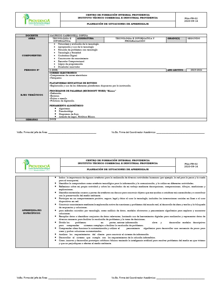 TECNOLOGIA E INFORMATICA Y PROGRAMACIÓN 2° 2P 2023-2024 | PDF | Informática | Inteligencia ...