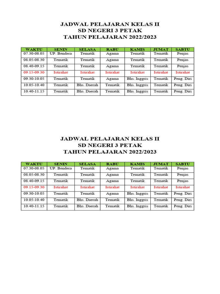 Jadwal Pelajaran Kelas 2 | PDF