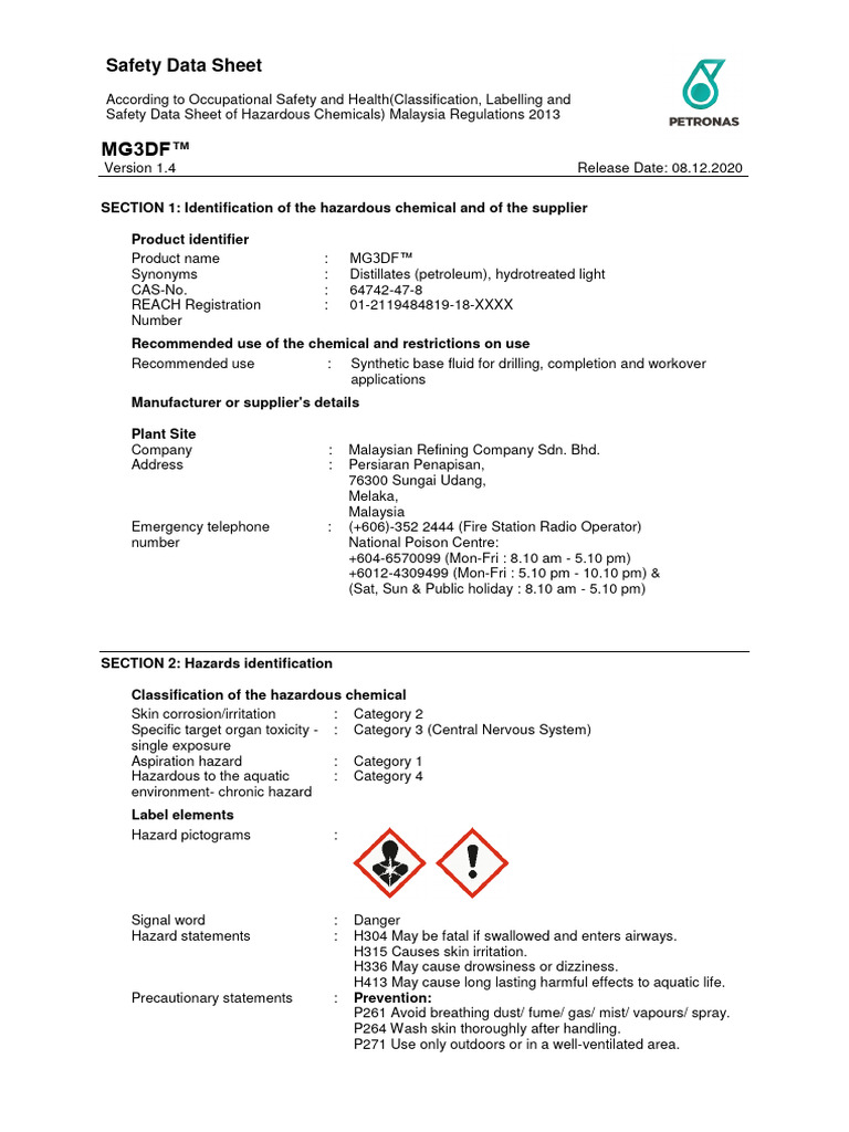 SDS MG3DF 2020 | PDF | Toxicity | Dangerous Goods