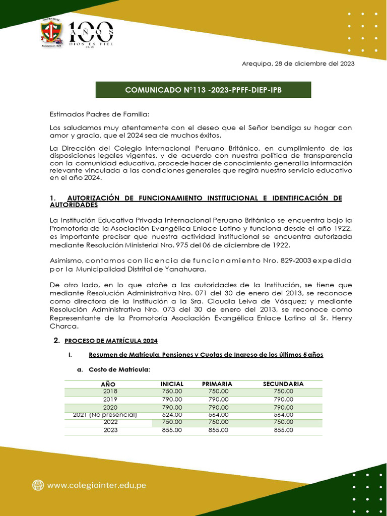 COMUNICADO N°113 - 2023-PPFF-DIEP-IPB Condiciones Generales Servicio Educativo 2024 | PDF ...