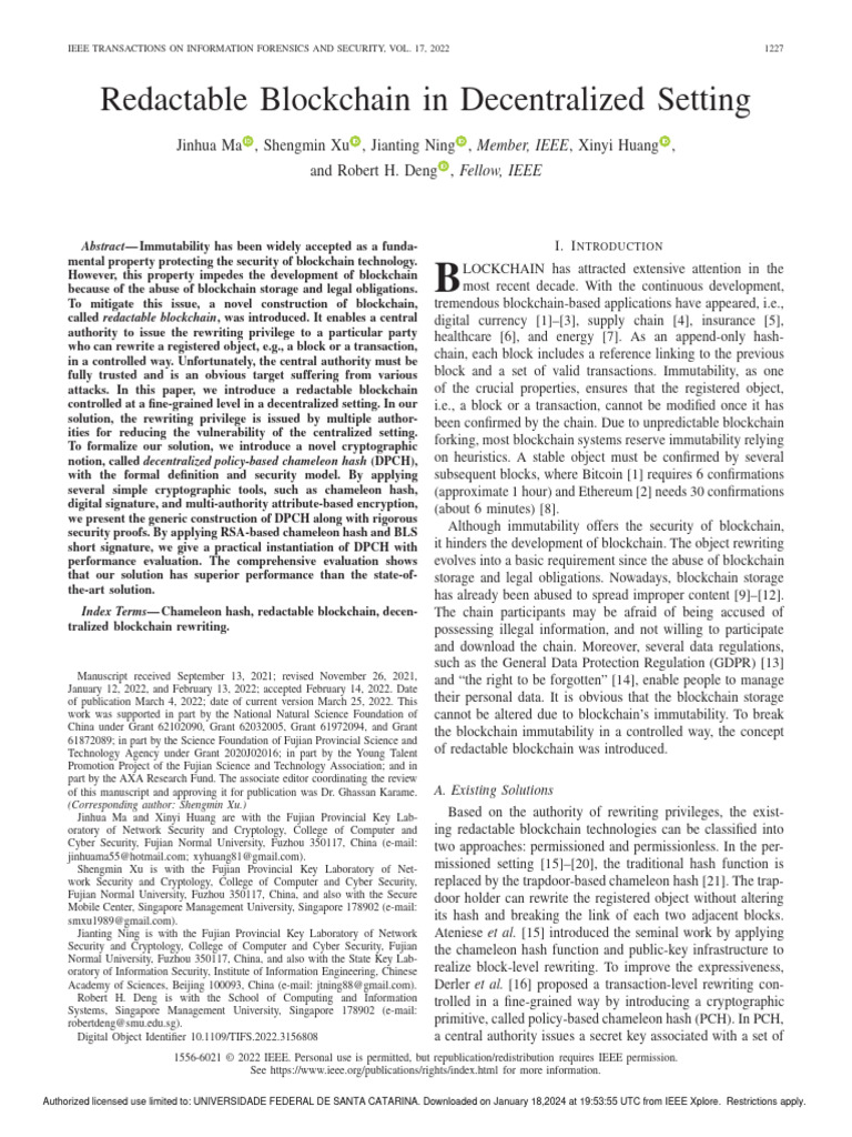 Redactable Blockchain in Decentralized Setting | PDF | Cryptography | Public Key Cryptography