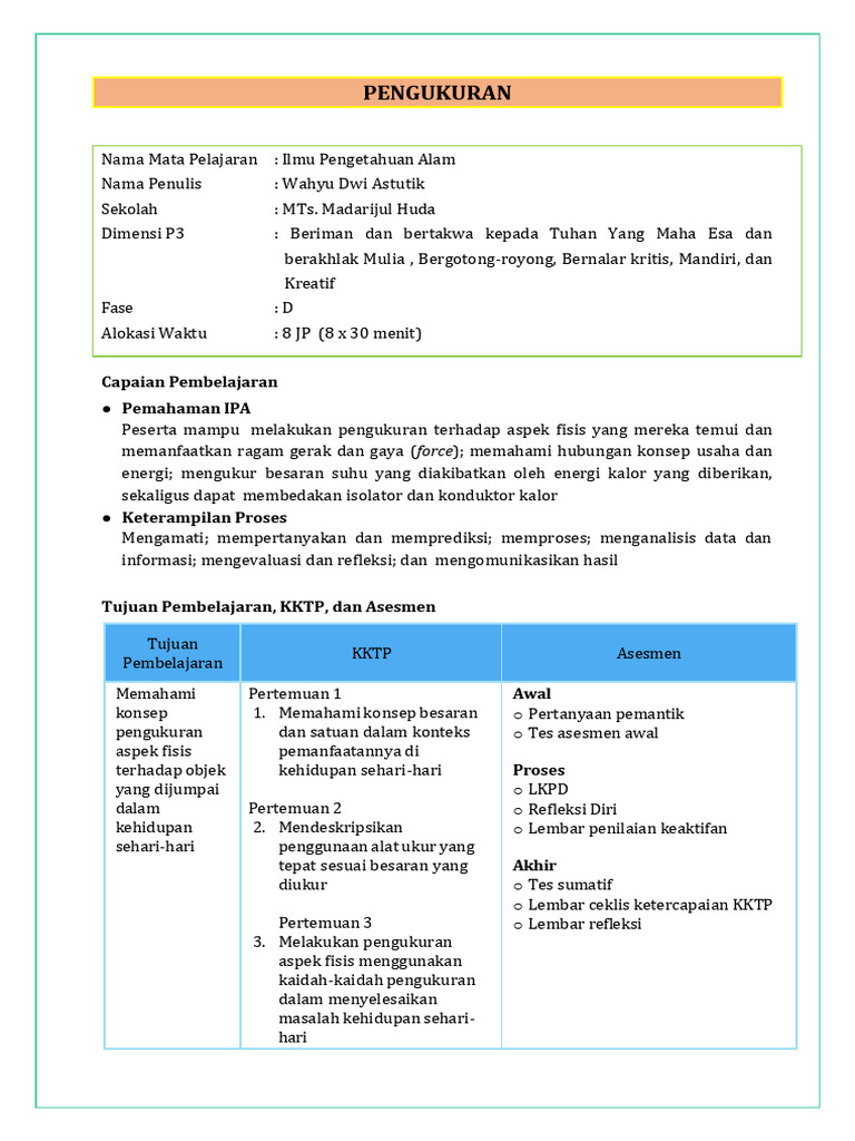 Modul Ajar (IPA) - Pengukuran - Kelas VII Fase D (Ayuk) | PDF