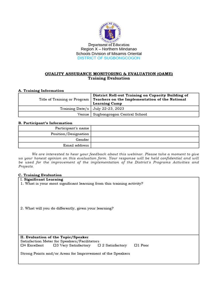 NLC Evaluation Form Sugbongcogon | PDF | Learning | Cognition