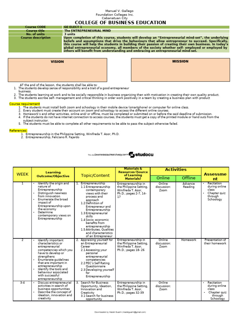 The Entrepreneurial Mind Syllabus | PDF | Entrepreneurship | Online And ...