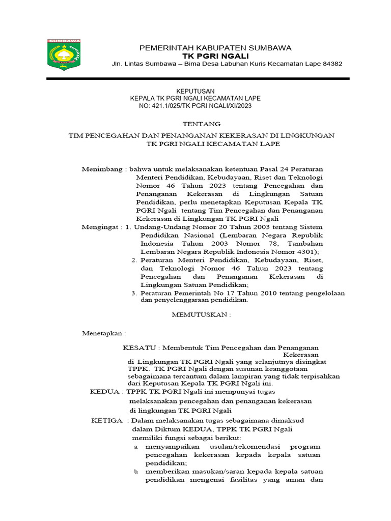 Format SK TIM Dan Lampiran Pencegahan Dan Penanganan Kekerasan Di Satuan Pendidikan Anak Usia ...