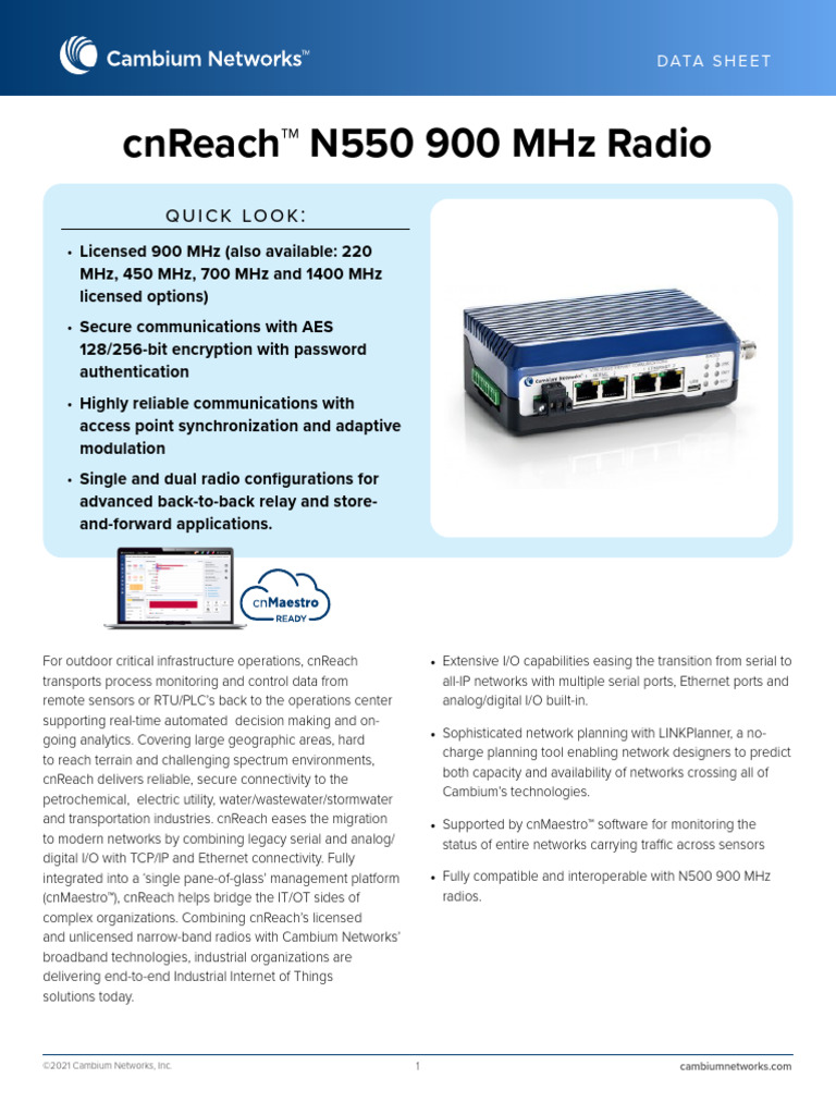 Cambium Networks Data Sheet Cnreach N550 900MHz | PDF | Computer Network | Computing
