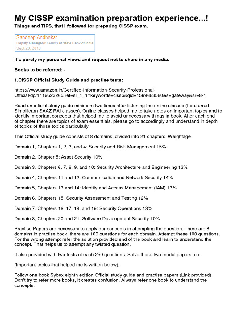 CISSP EXAMINATION PREPARATION EXPERIENCE (Sandeep Andhekar) | PDF | Classified Information ...