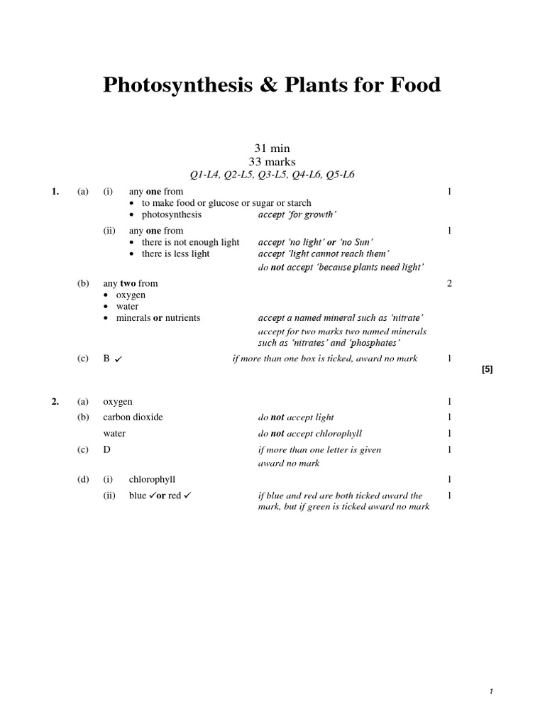 Year 9 - Plants and Photosynthesis - Plants For Food Mark Scheme | PDF ...